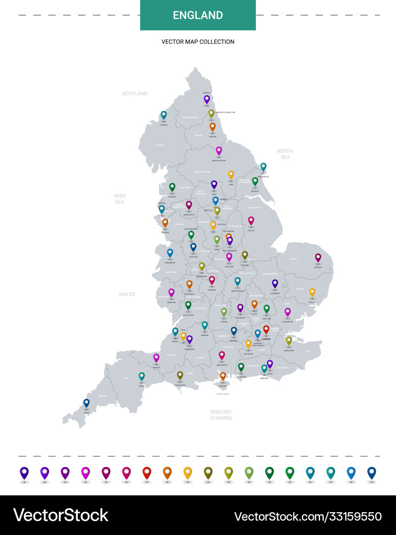 England map with location pointer marks Royalty Free Vector