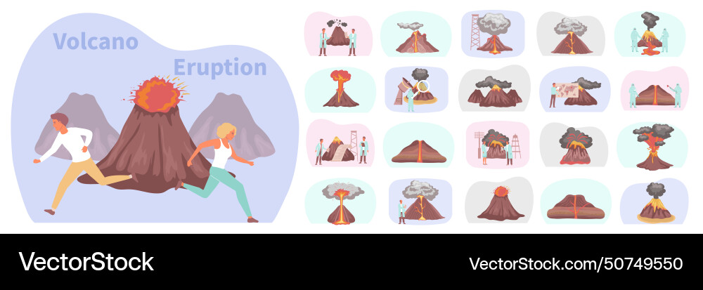 Volcanic eruption compositions set Royalty Free Vector Image
