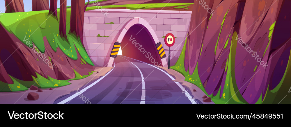 Cartoon road going through tunnel in mountain Vector Image