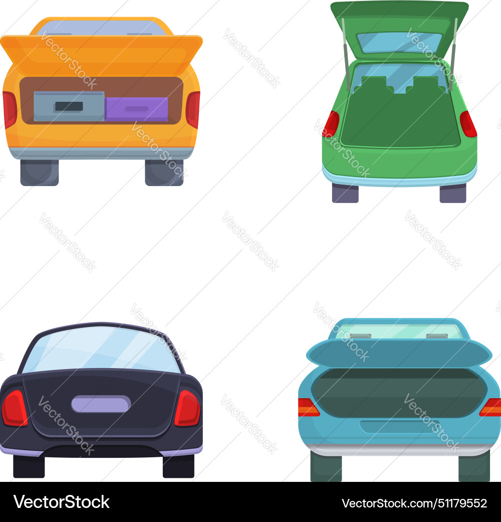 Car trunk icons set cartoon minivan Royalty Free Vector
