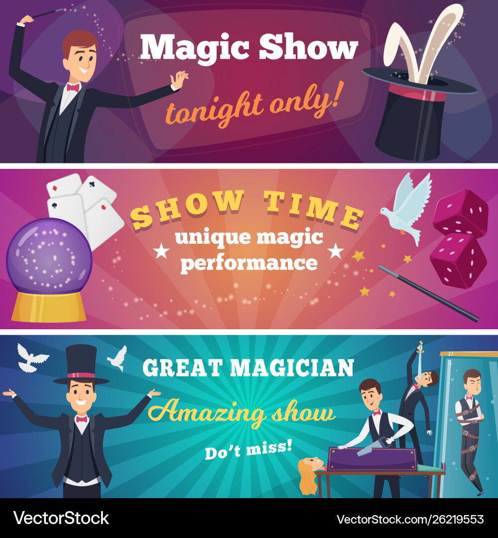 Circus party banners magic show with wizard Vector Image