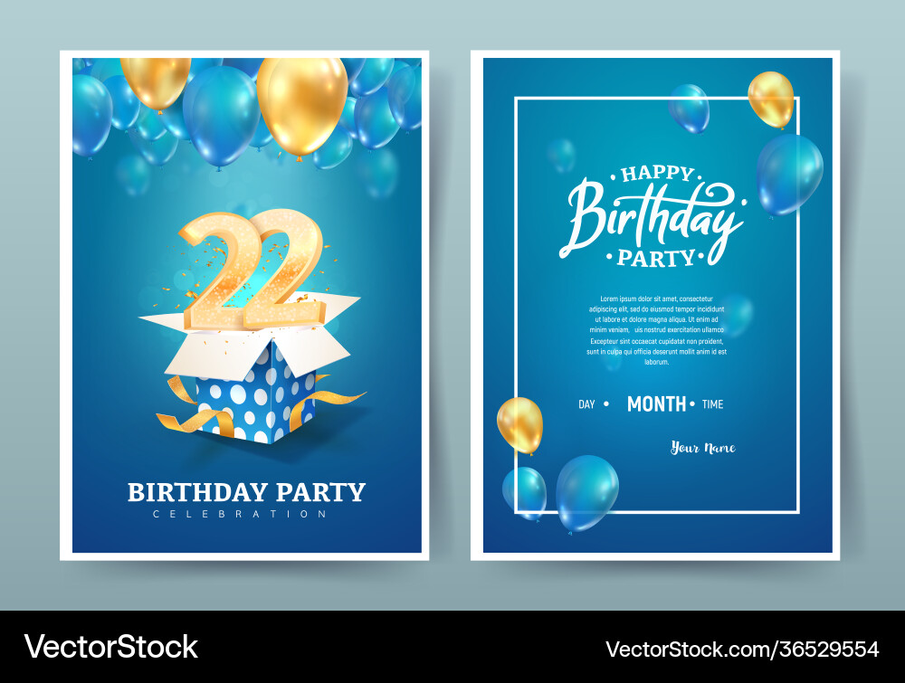 22nd years birthday invitation double card Vector Image