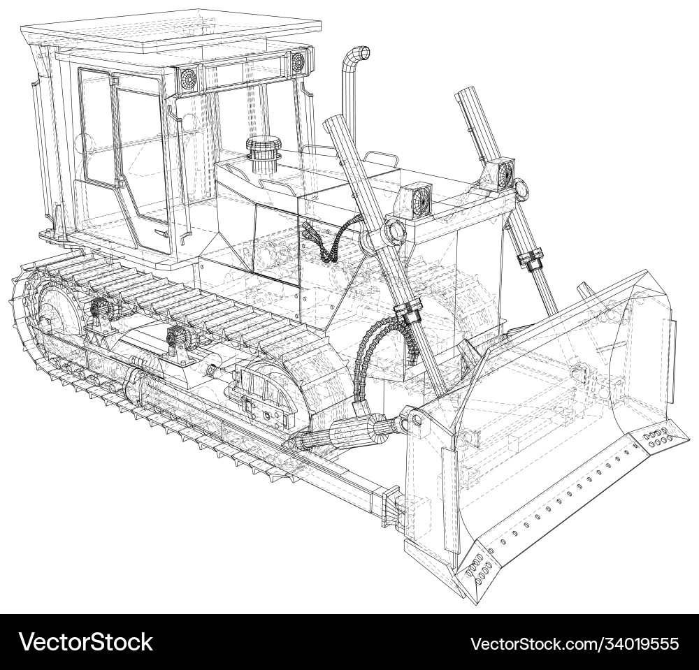 Bulldozer in outline style wire-frame line Vector Image