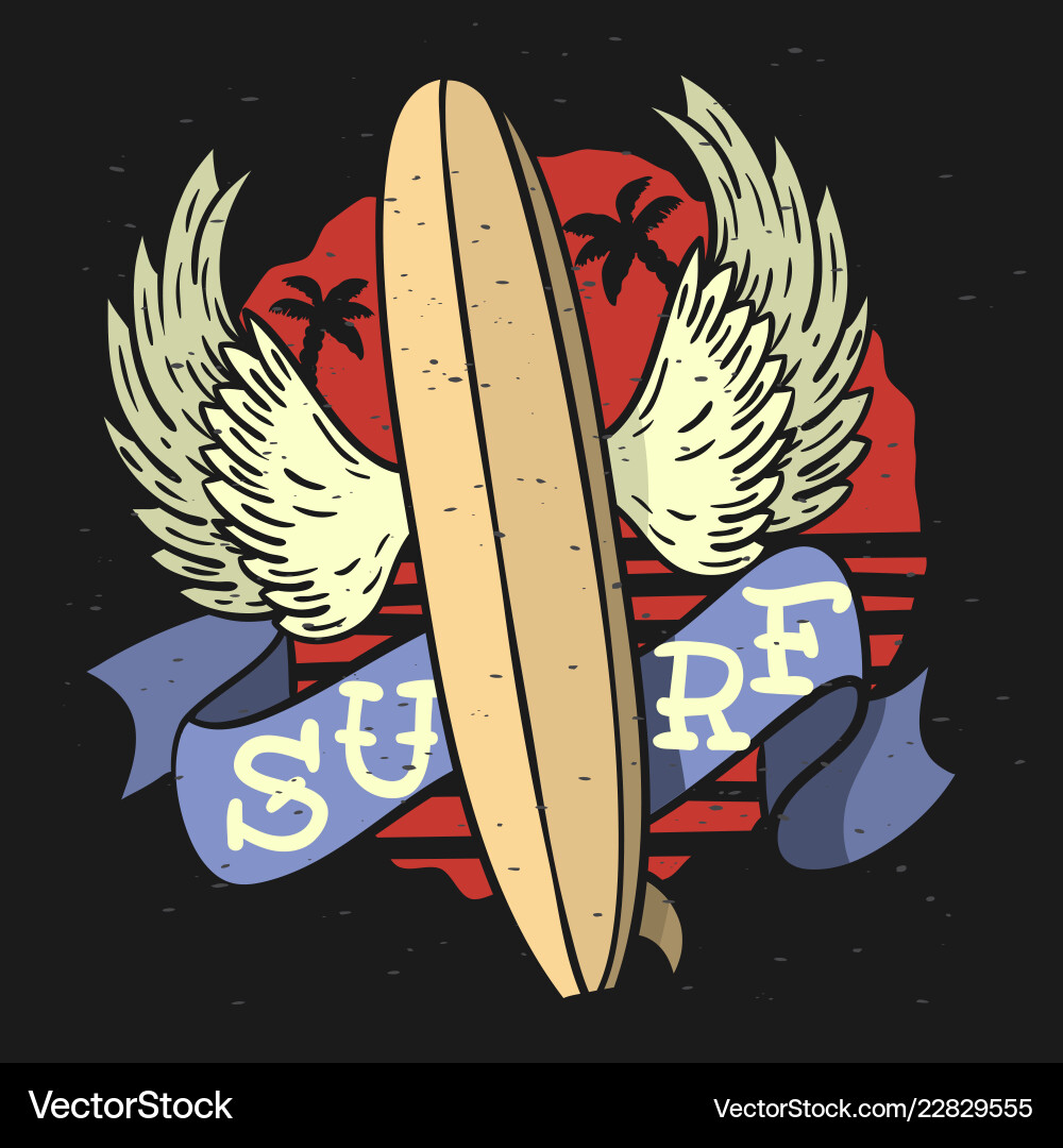 Surfing surf themed longboard wings ribbon fo Vector Image