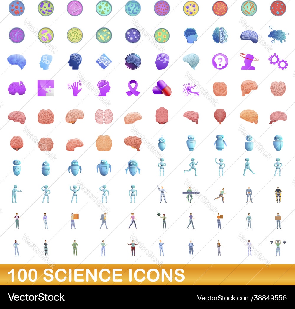 100 science icons set cartoon style Royalty Free Vector