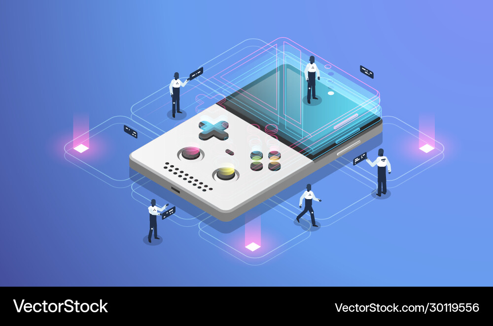 Mobile gaming big robot on pocket console screen Vector Image