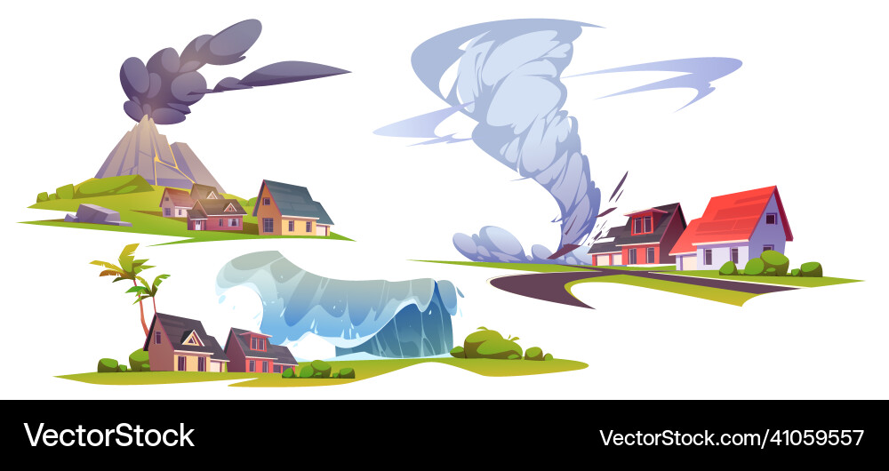 Natural disasters volcano tsunami and tornado Vector Image