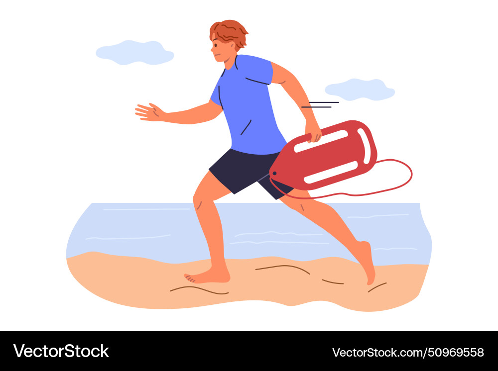 Man lifeguard runs along beach to save life Vector Image