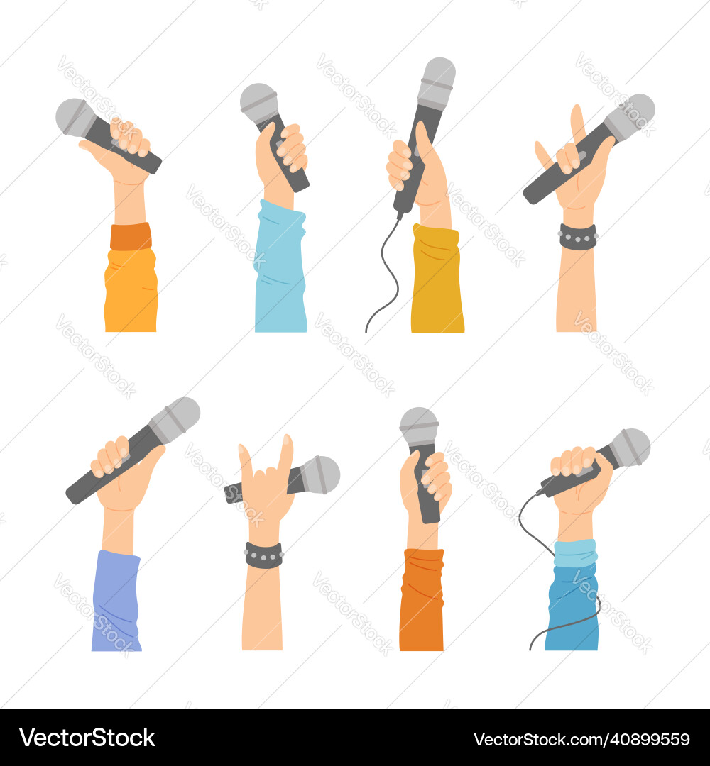 Hands with microphones human palms holding mics Vector Image