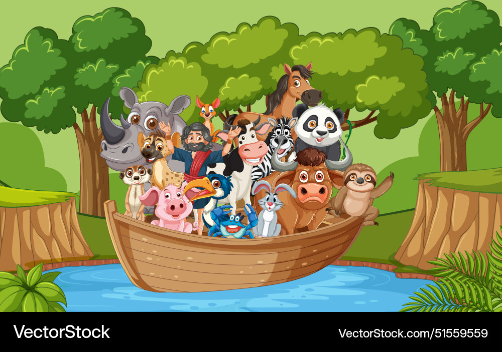 Various animals together on a boat in nature Vector Image