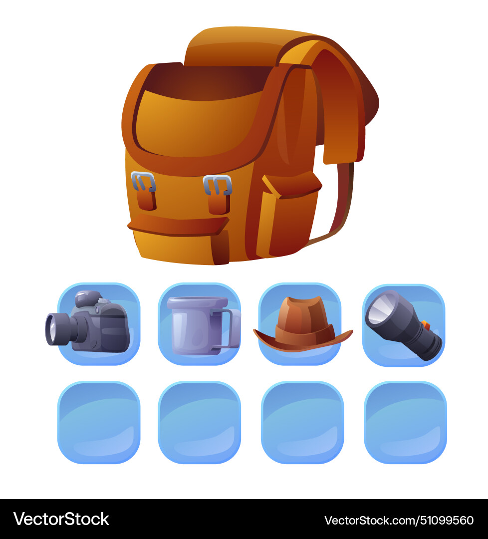 Camping backpack gear icons set cartoon Royalty Free Vector
