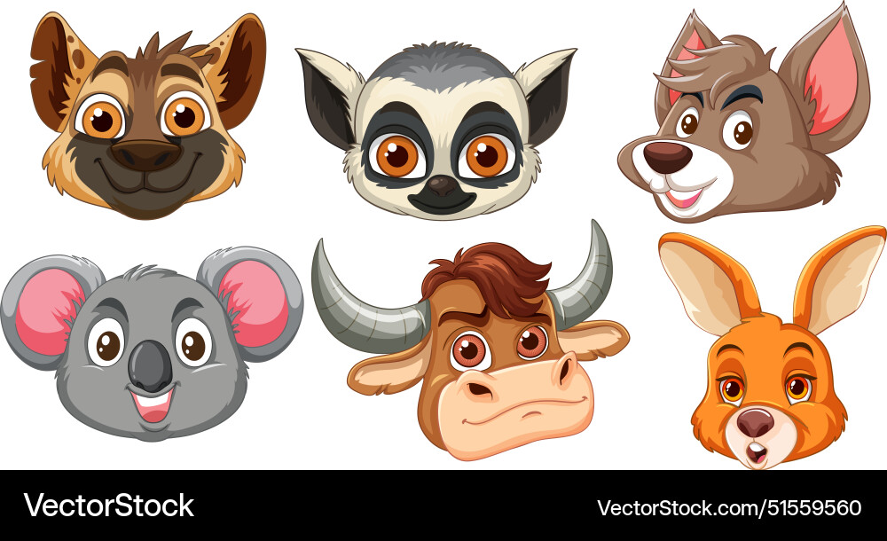 Six adorable animal faces with expressive features