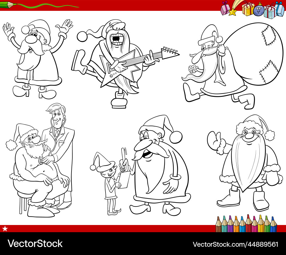 Cartoon santa clauses characters set coloring page
