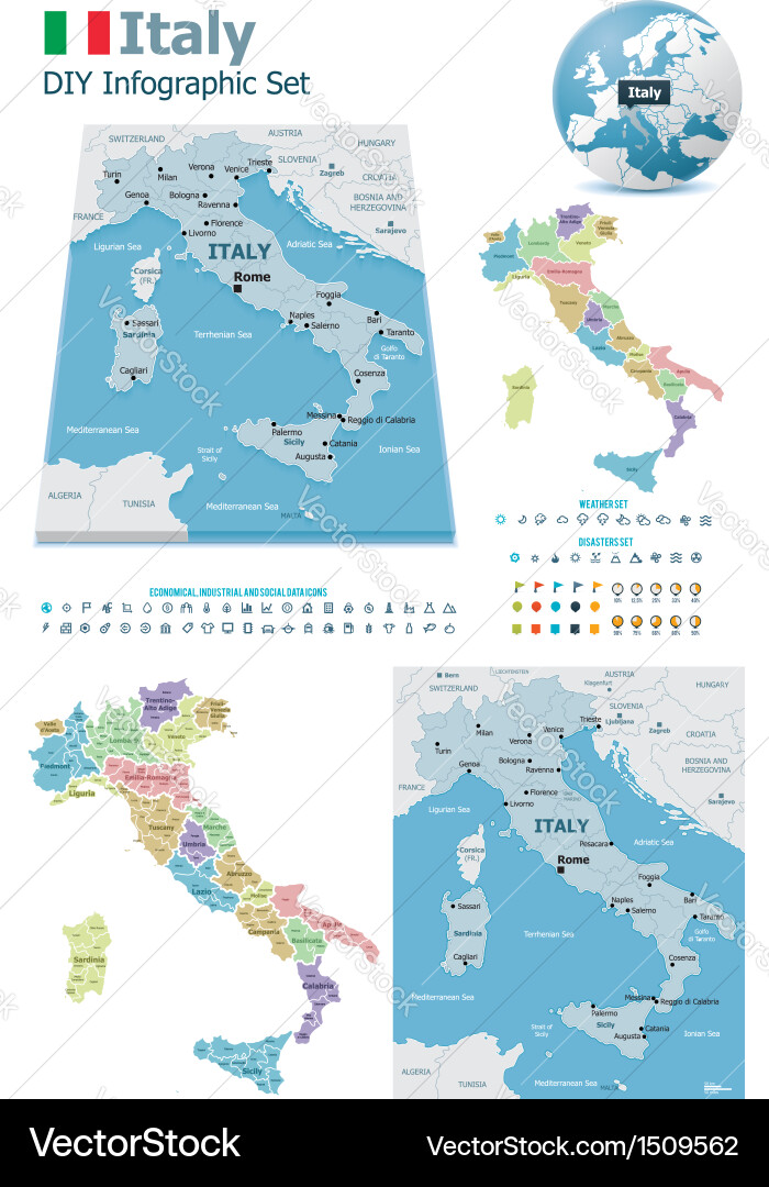 Italy maps with markers Royalty Free Vector Image