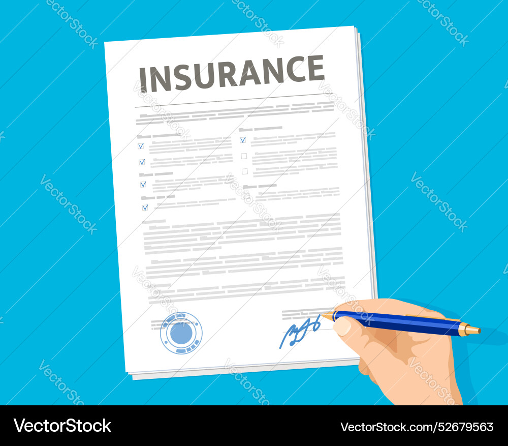 Insurance policy document hand signing paper form Vector Image