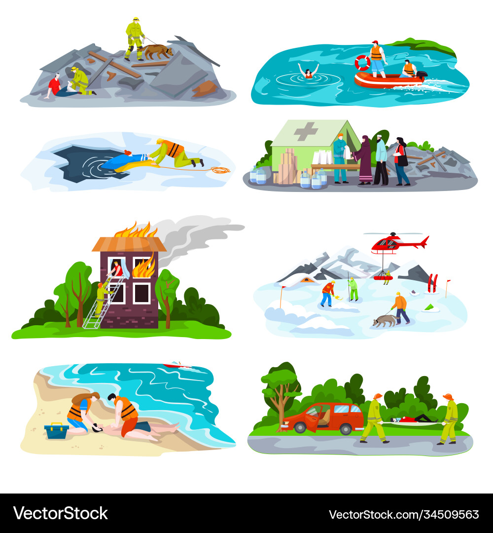 Rescuers team save people lives set Royalty Free Vector