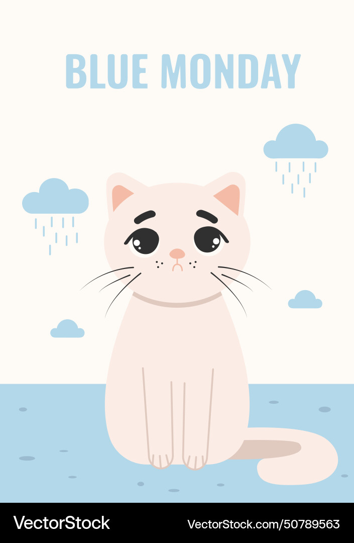 Sad cat and clouds with rain blue shades Vector Image