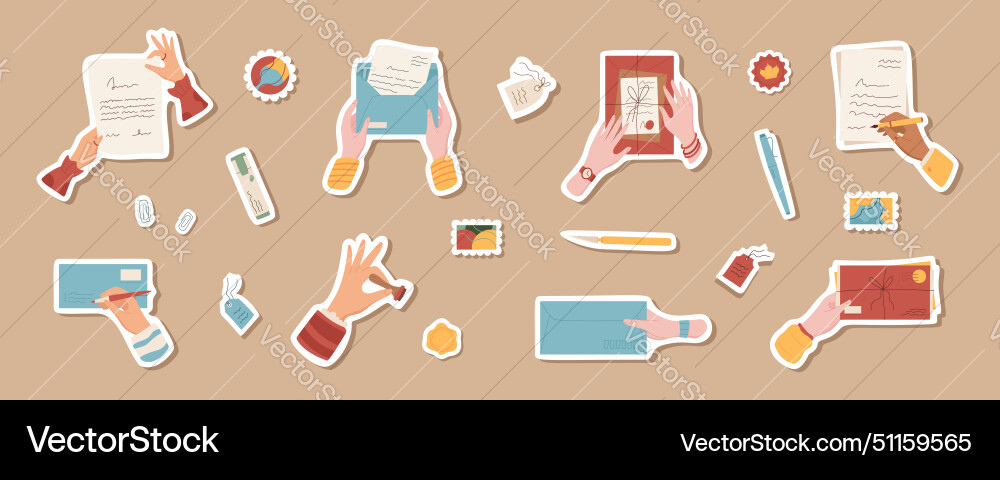 Cartoon sticker hands write and hold mails set Vector Image