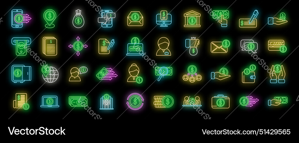Financial support icons set neon Royalty Free Vector Image