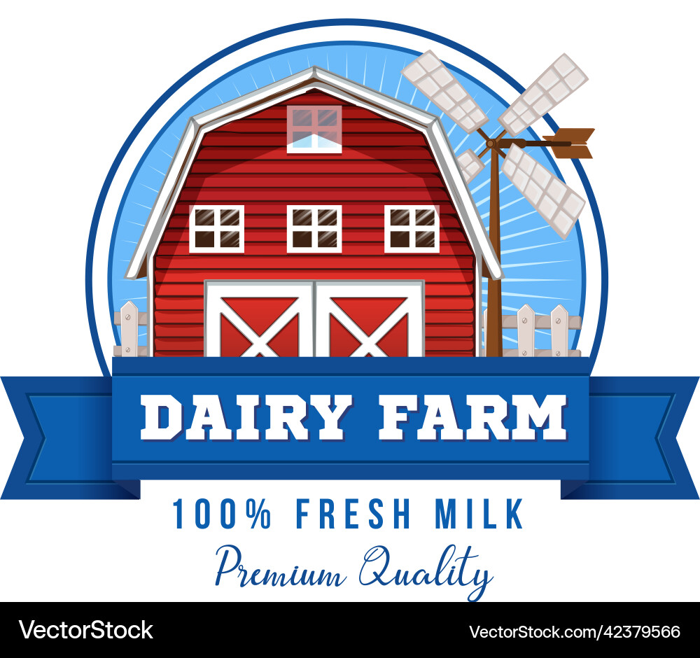Dairy farm label with barn cartoon Royalty Free Vector Image