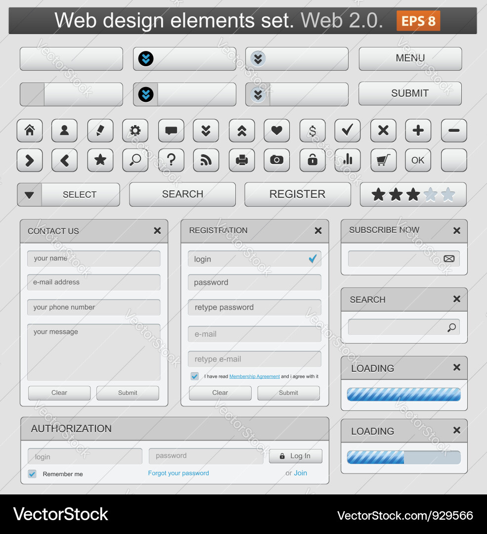 Web design elements set white Royalty Free Vector Image