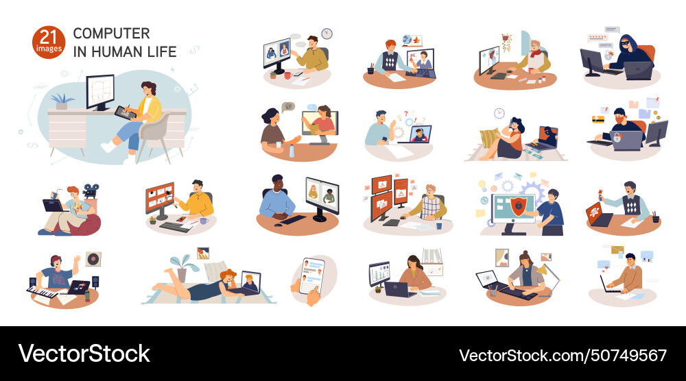 Computer people flat set Royalty Free Vector Image