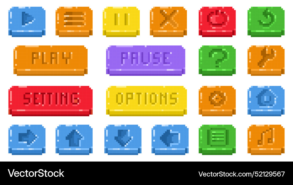 Pixel menu buttons retro video game interface Vector Image
