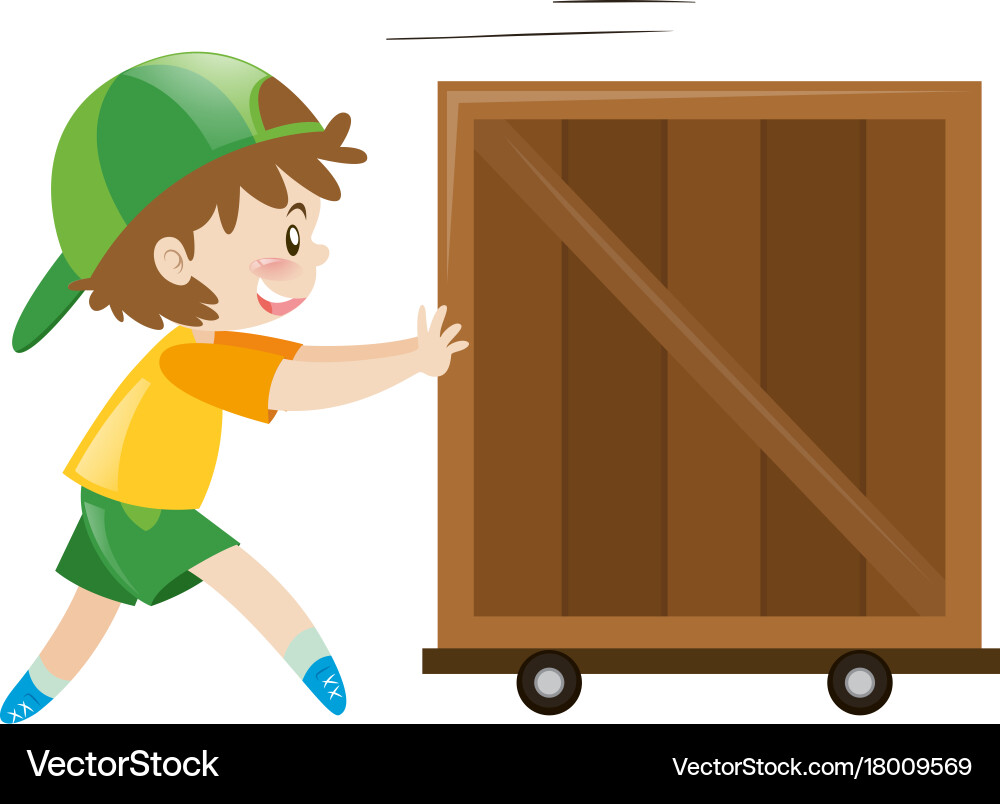 Boy pushing wooden box alone – Royalty-Free Vector | VectorStock