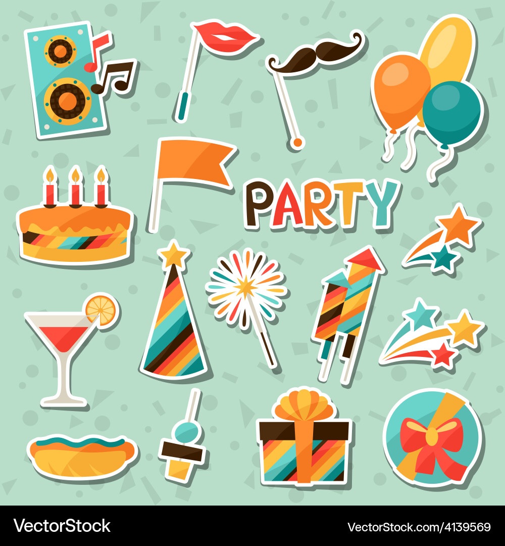 Celebration set of party sticker icons and objects
