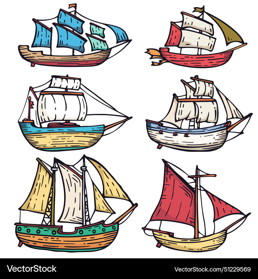 Collection colorful handdrawn sailing ships Vector Image