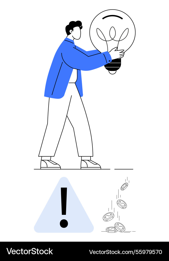 Man carrying light bulb with warning sign Vector Image