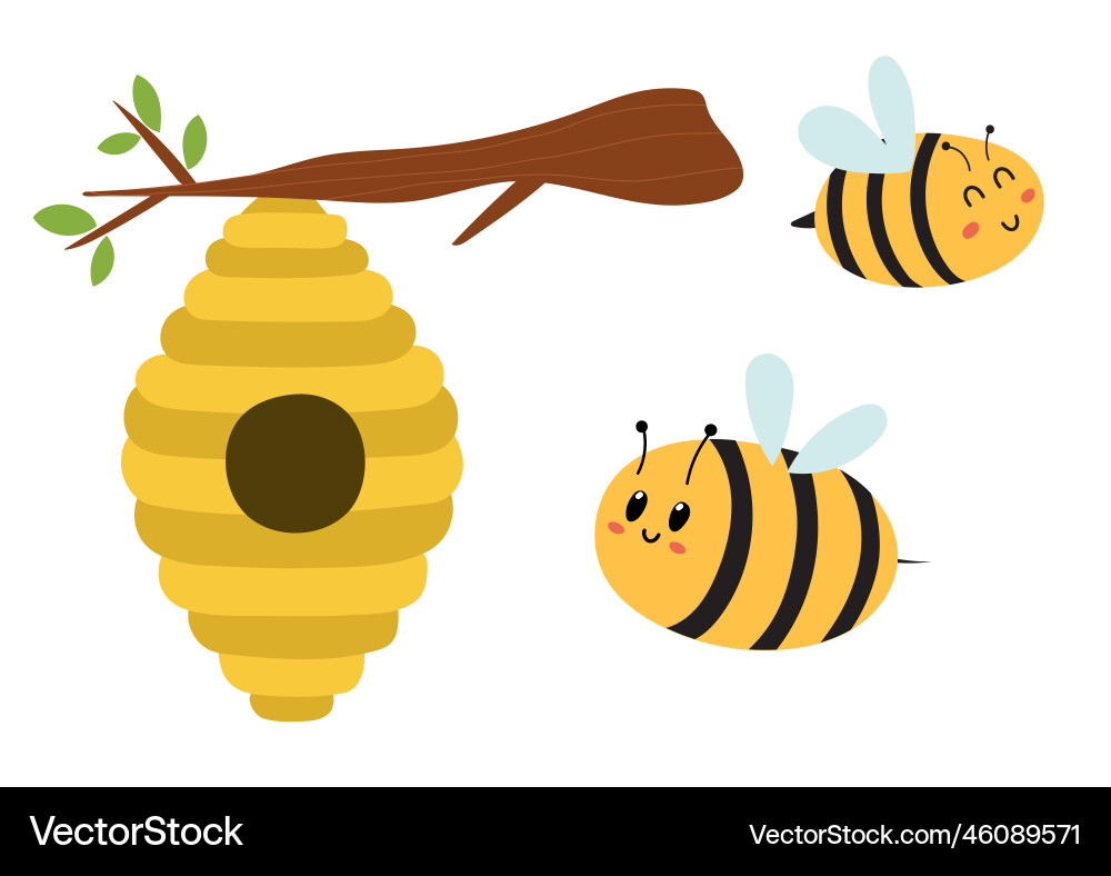 Cute honey bees characters and beehive hanging Vector Image