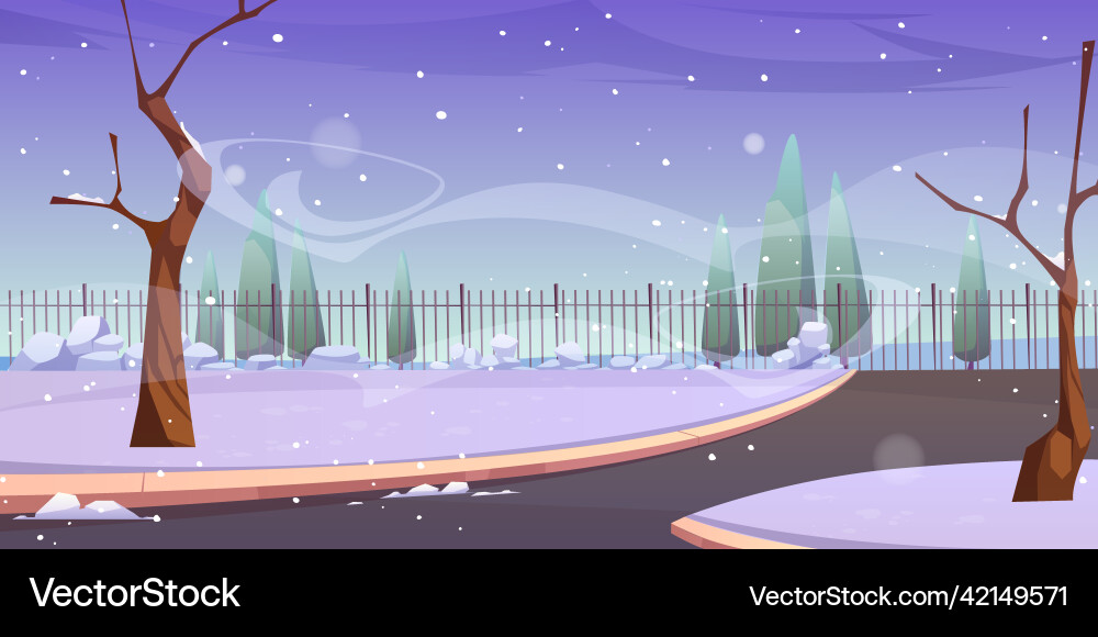 Winter park with snow bare trees and fence Vector Image