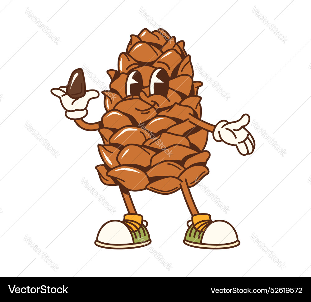 Cartoon groovy pine nut character holding a seed Vector Image