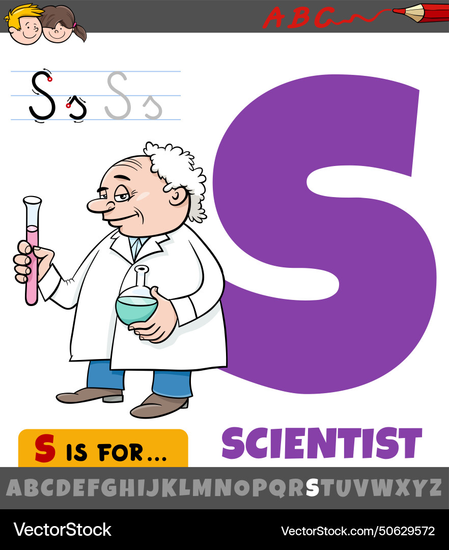 Letter s worksheet with cartoon scientist Vector Image