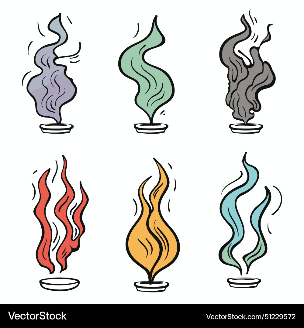 Six colorful flames smoke designs rising small Vector Image