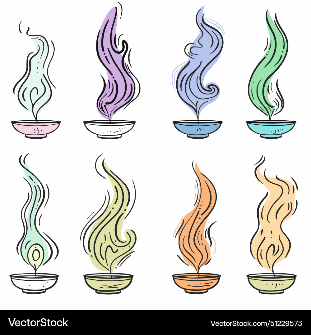 Set colorful incense bowls handdrawn Royalty Free Vector