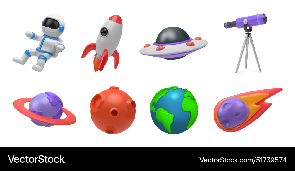 3d space icons rocket planet and moon flying Vector Image