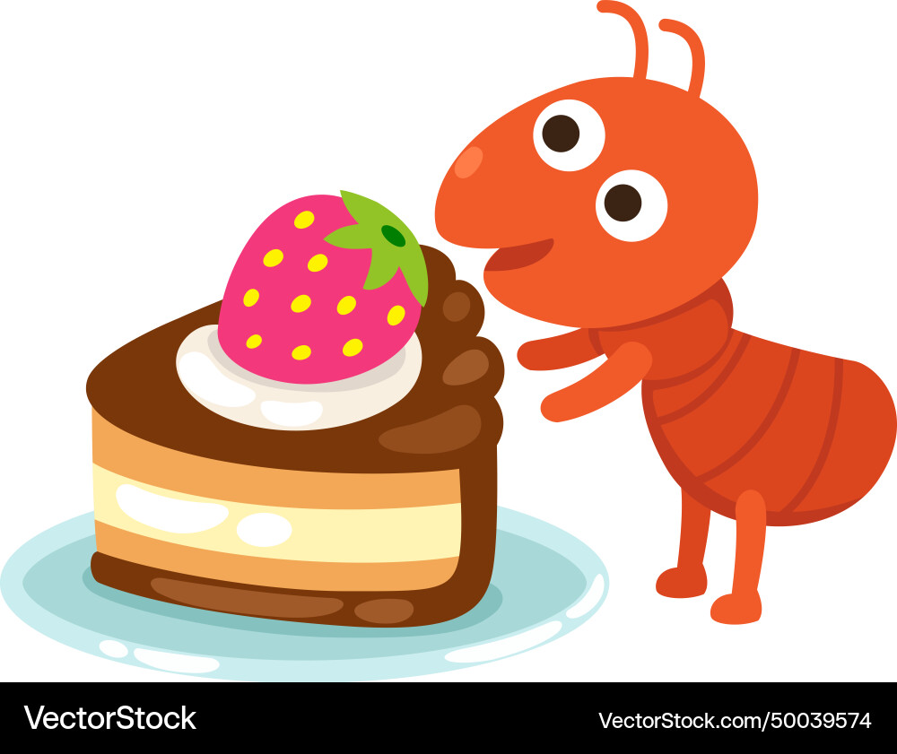 Ant eating strawberry cake – Royalty-Free Vector | VectorStock