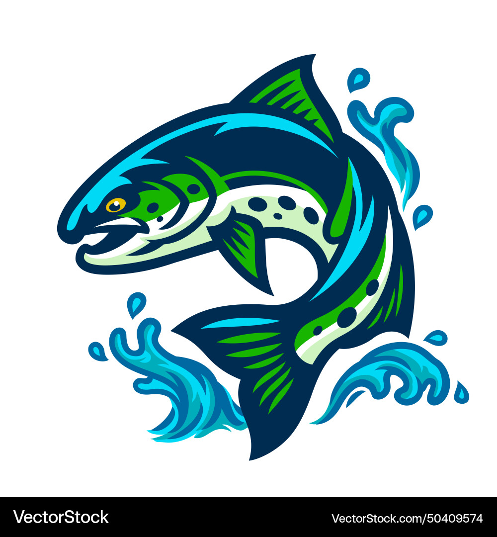 Trout fish mascot jumping out water Royalty Free Vector
