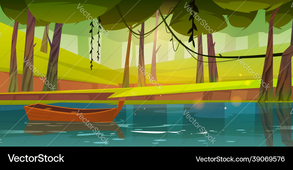 Wooden boat float on forest lake pond or river Vector Image