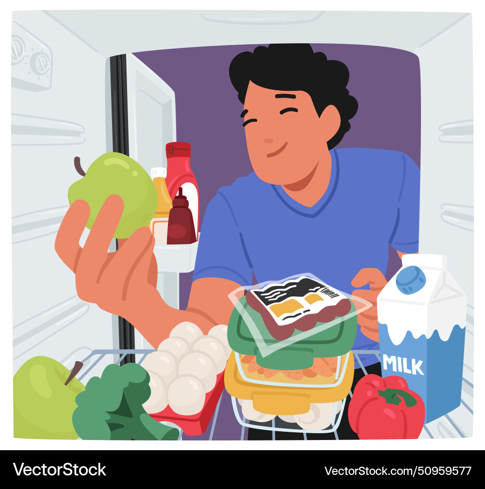 Male character rummaging through fridge shelves Vector Image