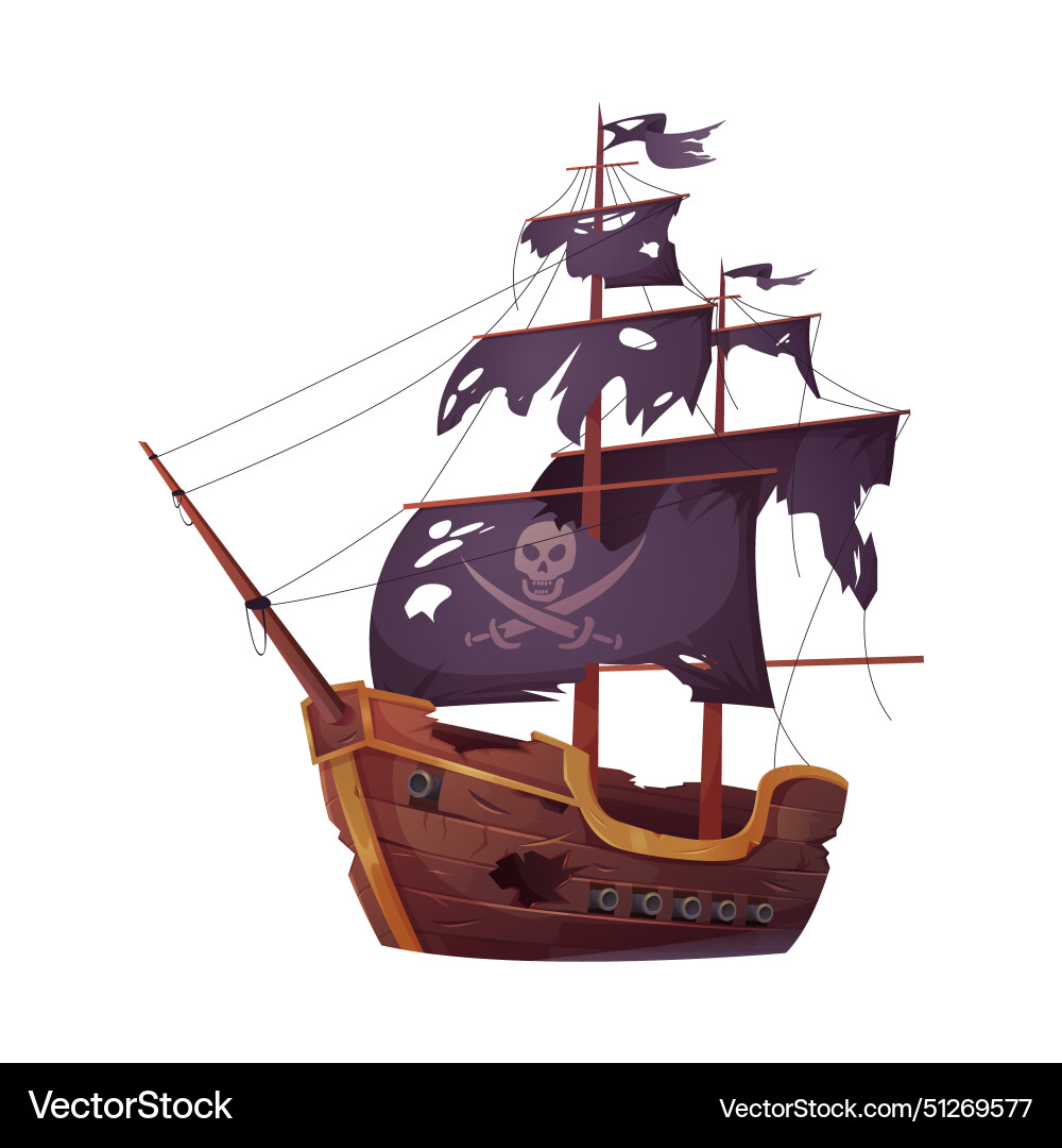 Pirate broken ship with holes on black torn sails Vector Image