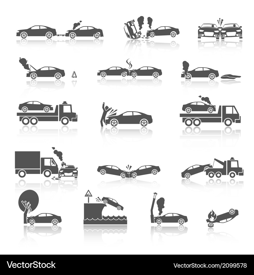 Black and white car crash icons Royalty Free Vector Image