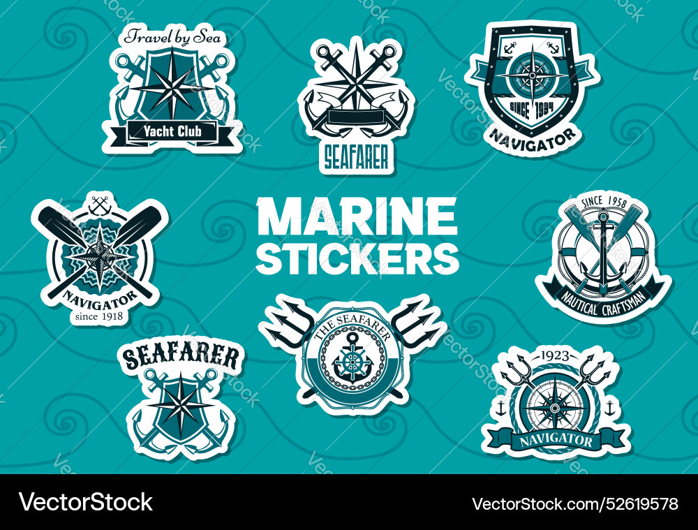 Marine stickers featuring nautical symbols Vector Image