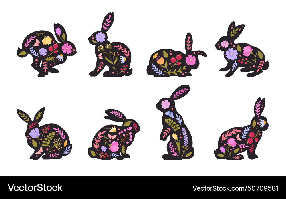 Bunny silhouettes easter flowers decorated Vector Image