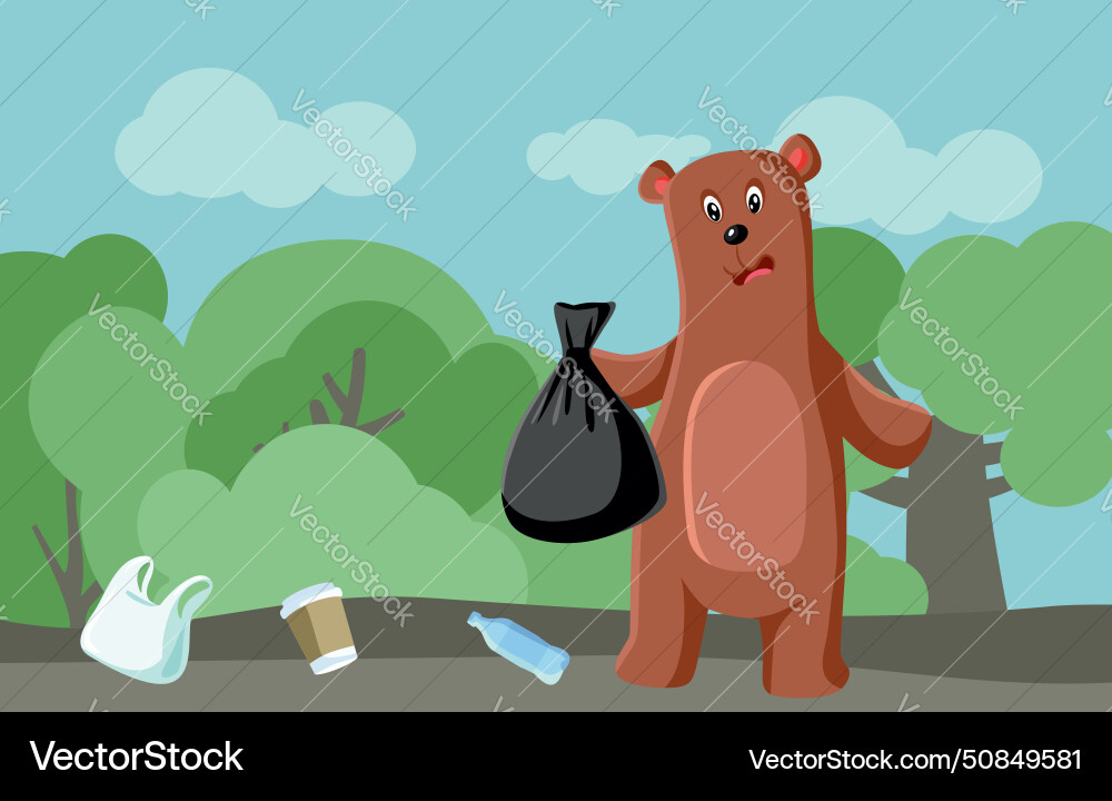 Sad cartoon bear picking up garbage in a forest Vector Image