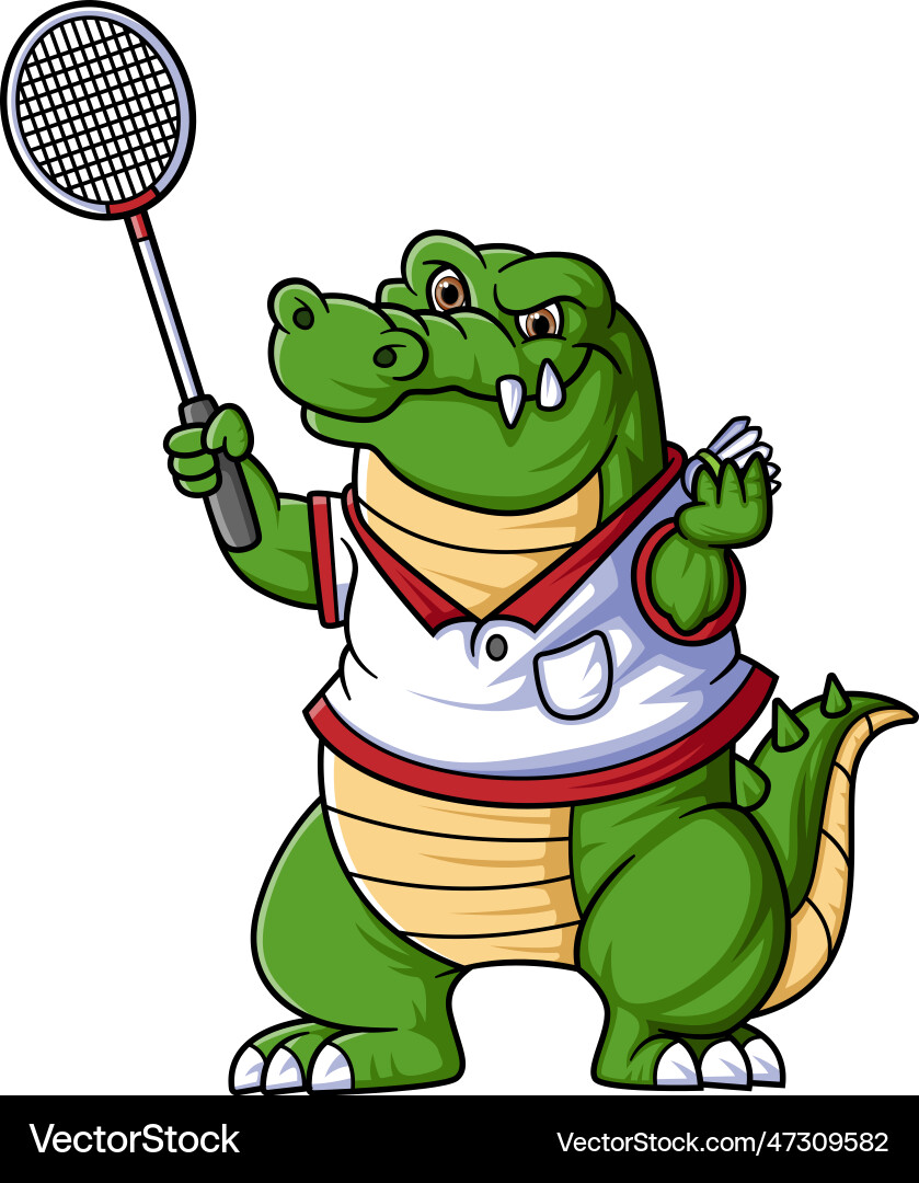 Cool crocodile playing badminton cartoon character