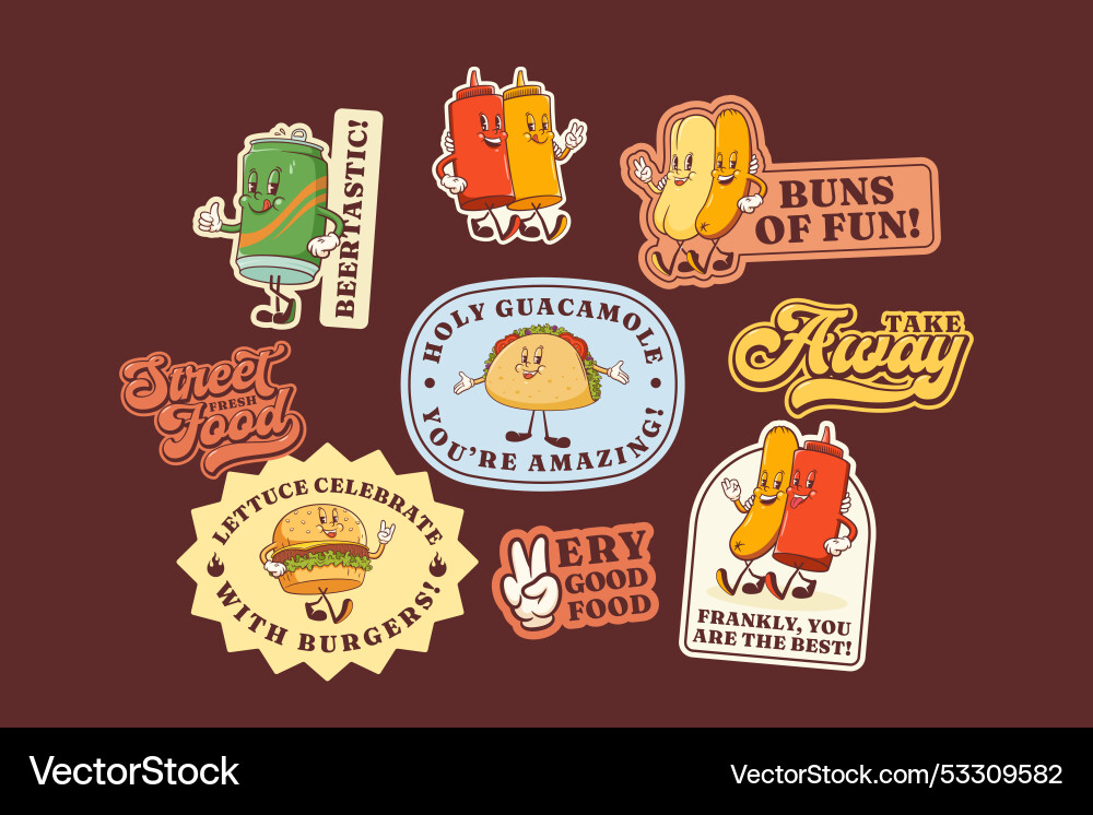 Groovy burger retro character stickers set Vector Image Groovy burger retro character stickers set Vector Image