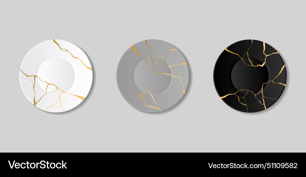 Kintsugi broken plates with golden cracks Vector Image